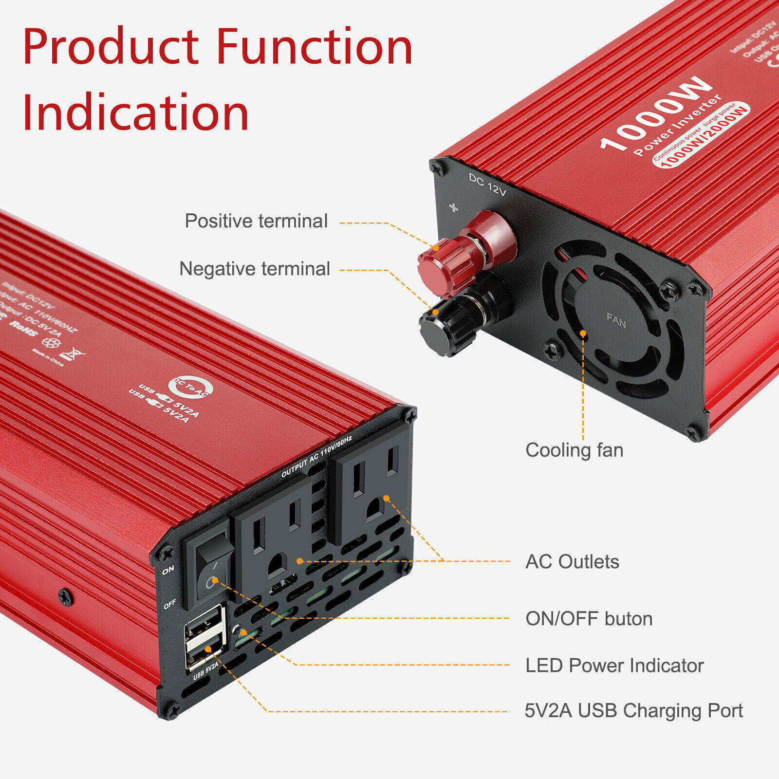 1000W 2000W Car Power Inverter DC 12V To AC 110V 2 AC Outlets USB Auto ...