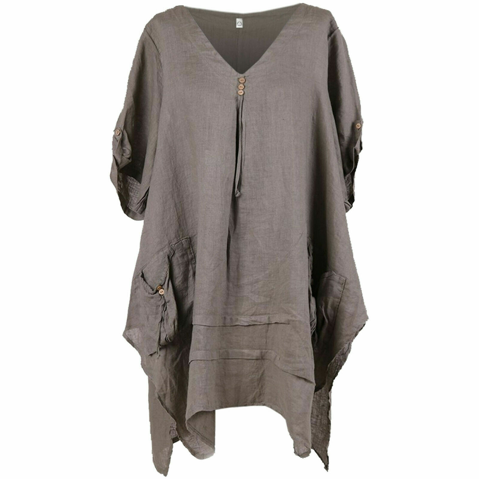 Ladies Italian Quirky V Neck Lagenlook Linen Kaftan Womens Plain Tunic ...