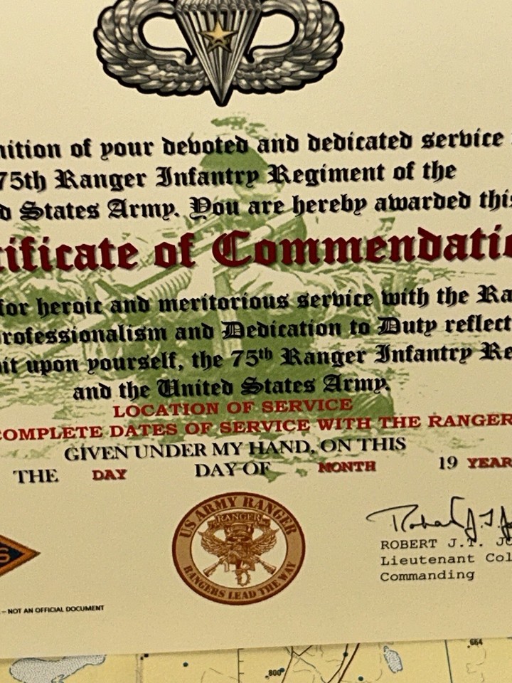 U.S. ARMY RANGER - 75TH INFANTRY REGIMENT / CERTIFICATE OF COMMENDATION ...