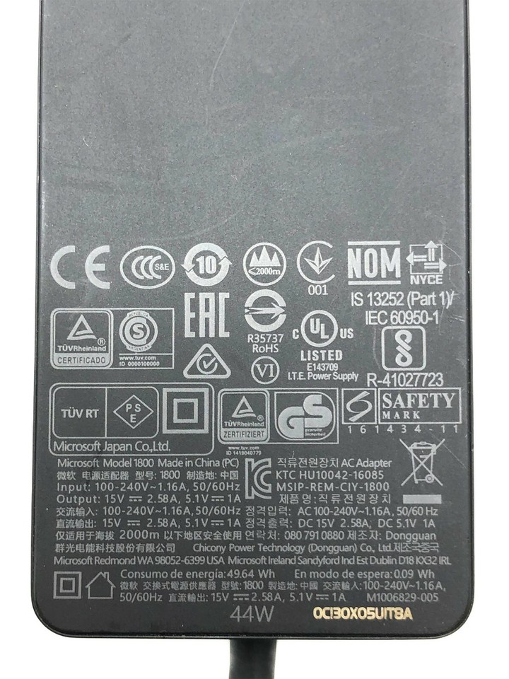 Genuine 44W Microsoft 15V 2.58A AC Adapter Model 1800 MSIP-REM-CIY-1800 ...