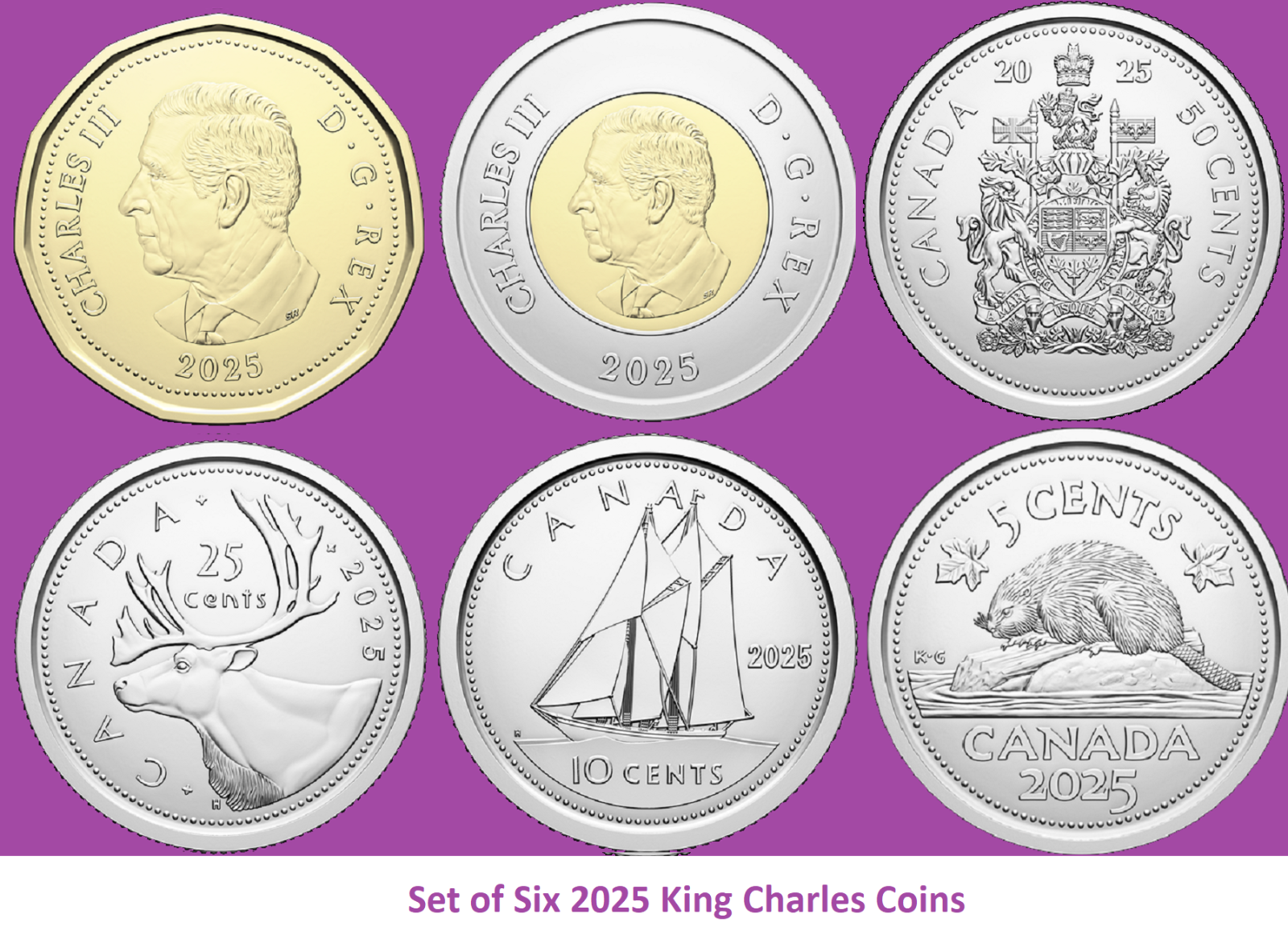 Set of Six 2025 Canada Coins King Charles III Effigy Mint UNC. Loonie ...