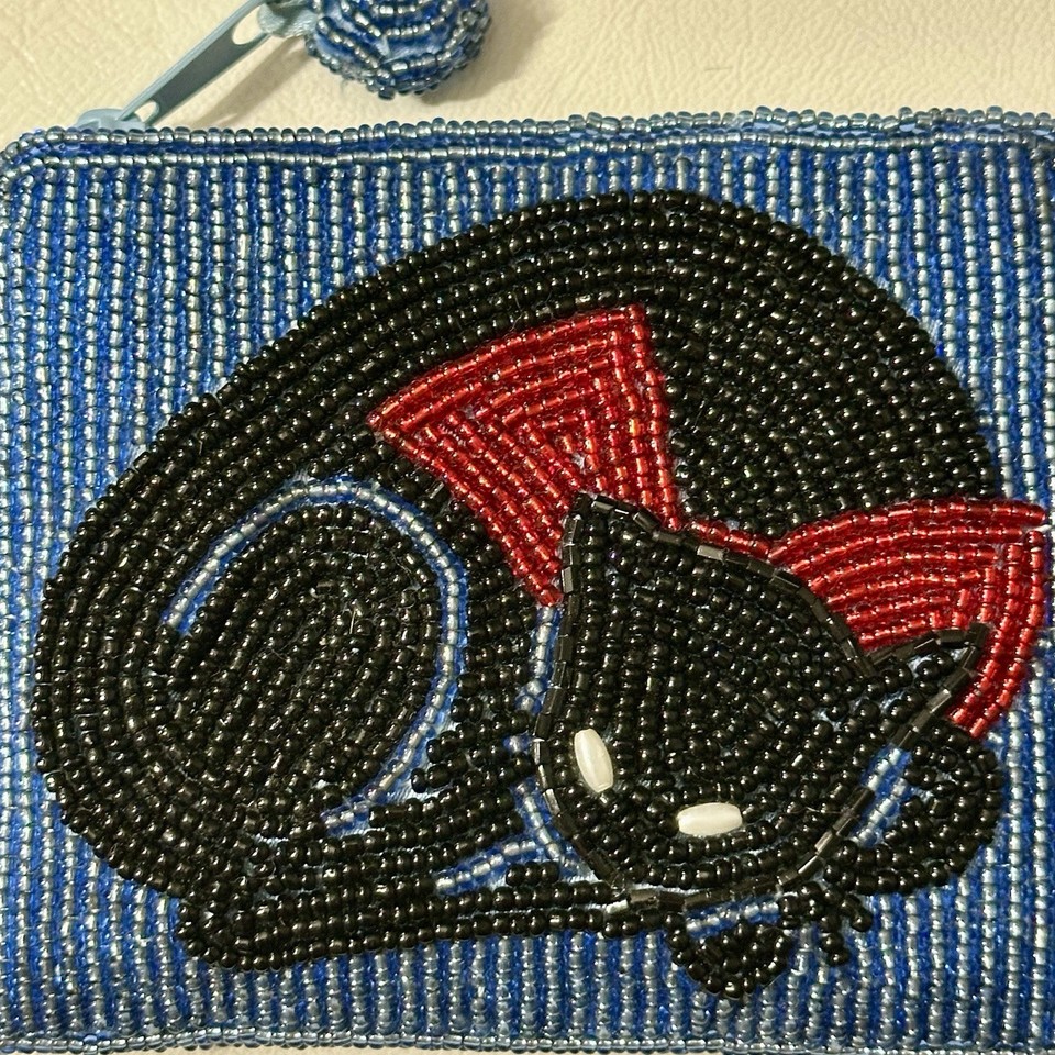 Vtg Glass Seed Bead Coin Purse Black Cat Red Bow Blue Wallet Fully ...
