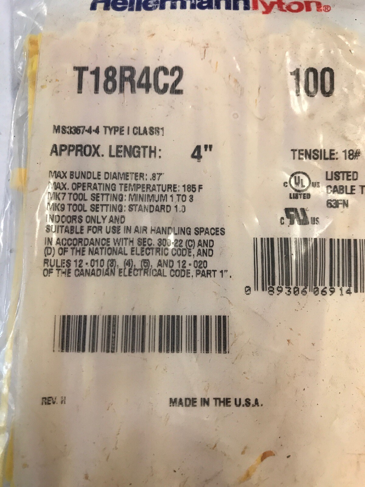 Hellermann Tyton T18R4C2 Yellow 4” Zipties 100ct Made In USA | eBay