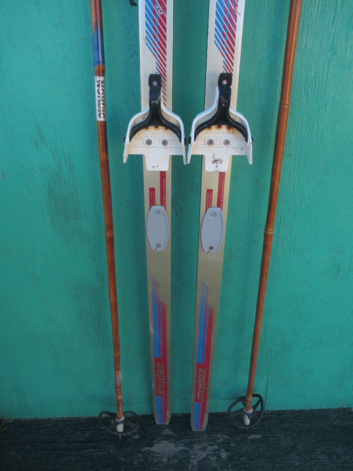 Vintage Snow Skis 70" Long Silver Red Color Finish Comes with BAMBOO ...