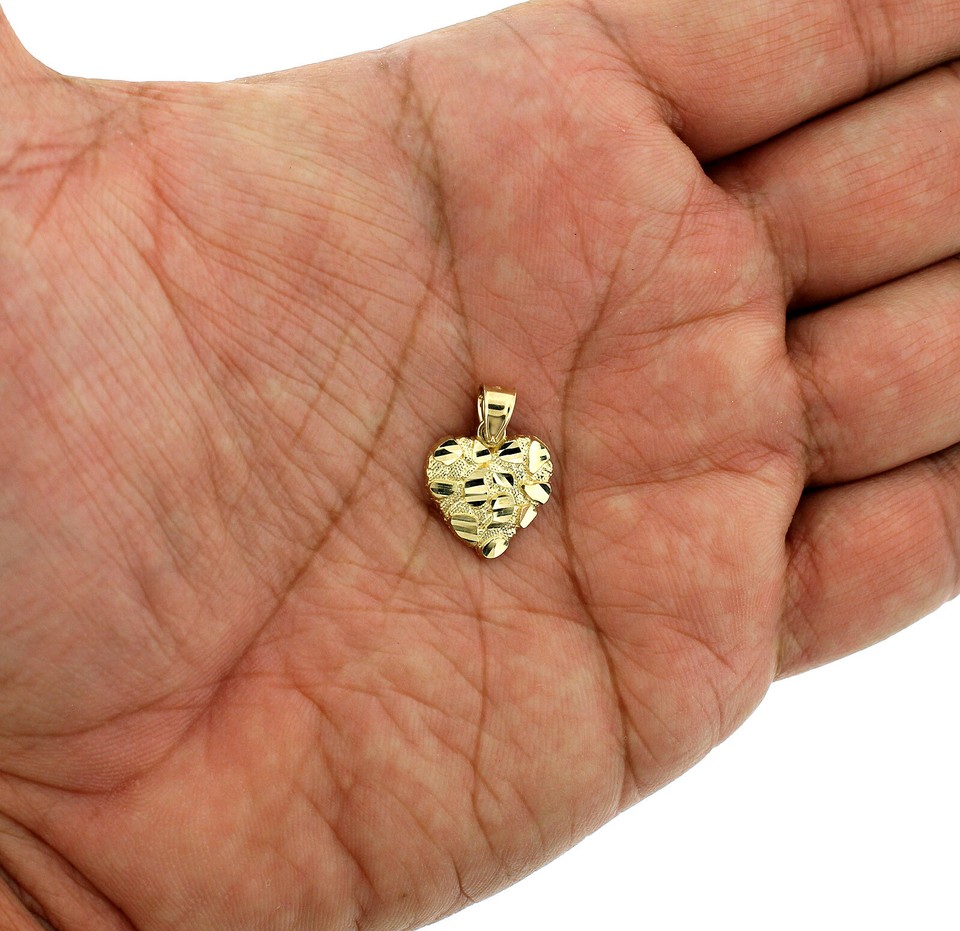 Real 10K Yellow Gold Nugget Heart Charm Pendant With 2mm Rope Chain | eBay