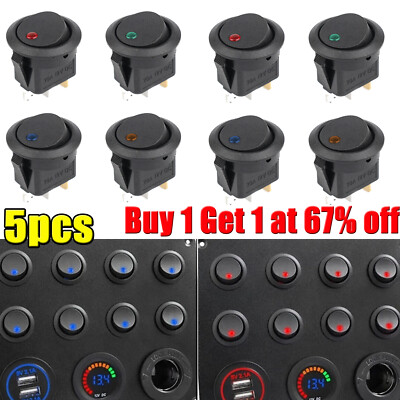 5X 12V LED Rocker Switch Light Round Black ON/OFF Switch for Car Van ...