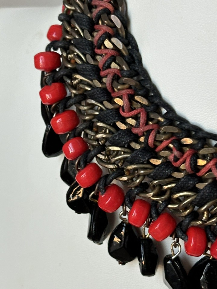 Tribal Collar Necklace/ Red & Black Beads/ Various Types Of Stitching ...