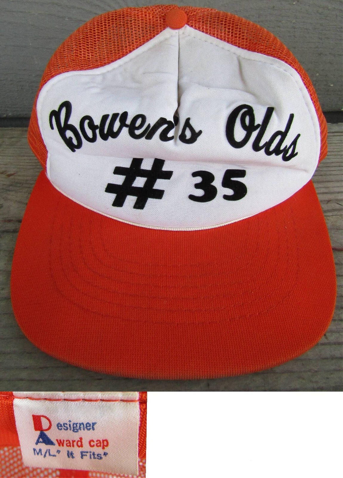 NICE VINTAGE BOWERS OLDS #35 ORANGE MESH SNAPBACK DIRT TRACK RACING PIT ...