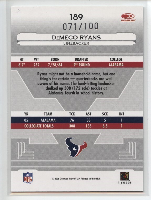 2006 Leaf Certified Mirror Blue DeMeco Ryans RC Autograph SP # 71/100 ...