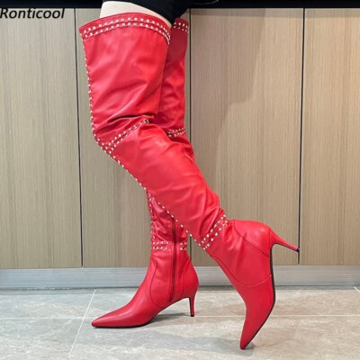 Women Winter Thigh Boots Studded Stiletto Heels Pointed Toe Red Banquet ...