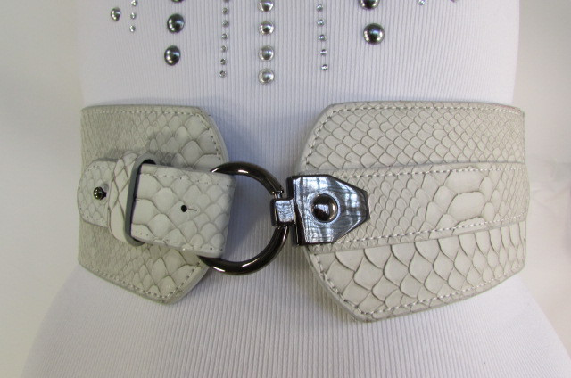 Women Black White Beige Elastic Fashion Belt Snake Skin Wide Faux ...