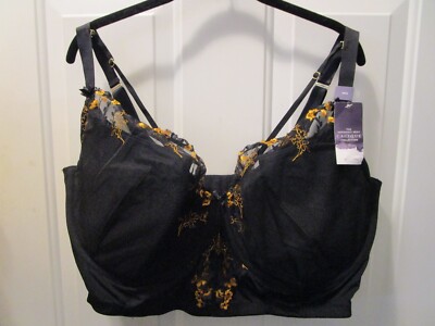 CACIQUE BLACK/GOLD EMBROIDERED LINED LONGLINE FRENCH BALCONETTE BRA ...