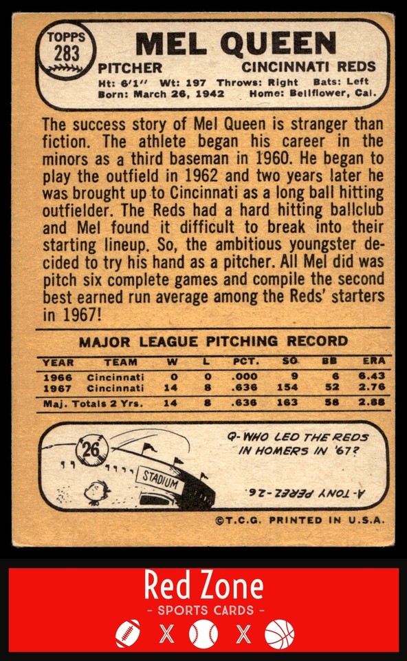 1968 Topps - #283 Mel Queen EX | eBay