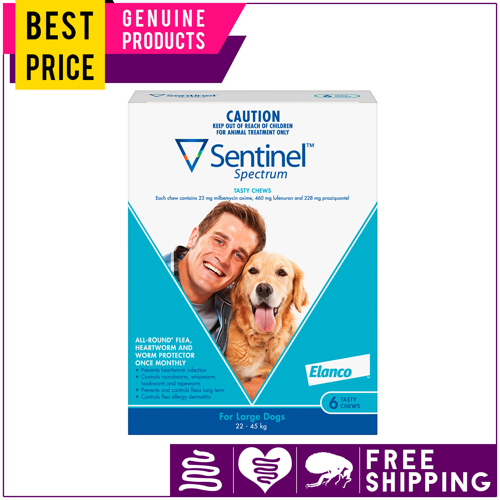 SENTINEL SPECTRUM Flea Worm Heartworm Treatment for Dogs All Sizes 6 ...