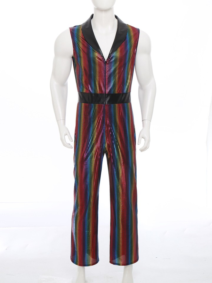 Men's Disco Jumpsuit 70s Costume Shiny Metallic Lapel V Neck Sleeveless ...