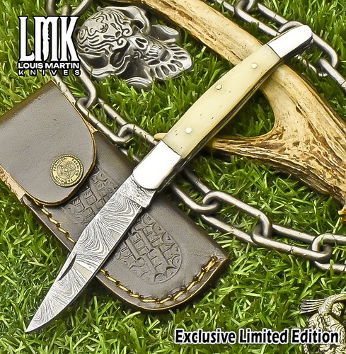 LMK Hand Forged Twist Damascus Pocket Folding Knife Bone Camping ...
