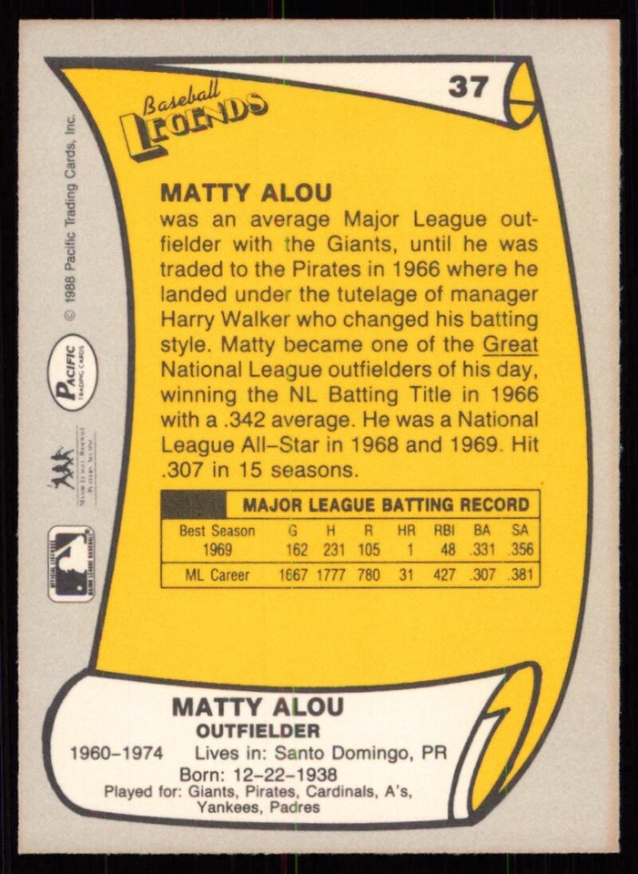 1988 Pacific Legends I Matty Alou San Francisco Giants #37 | eBay