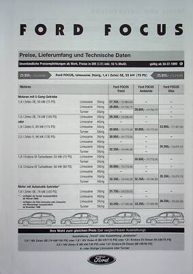 254778) Ford Focus - Preisliste & Extras - Prospekt 07/1999 | eBay.de