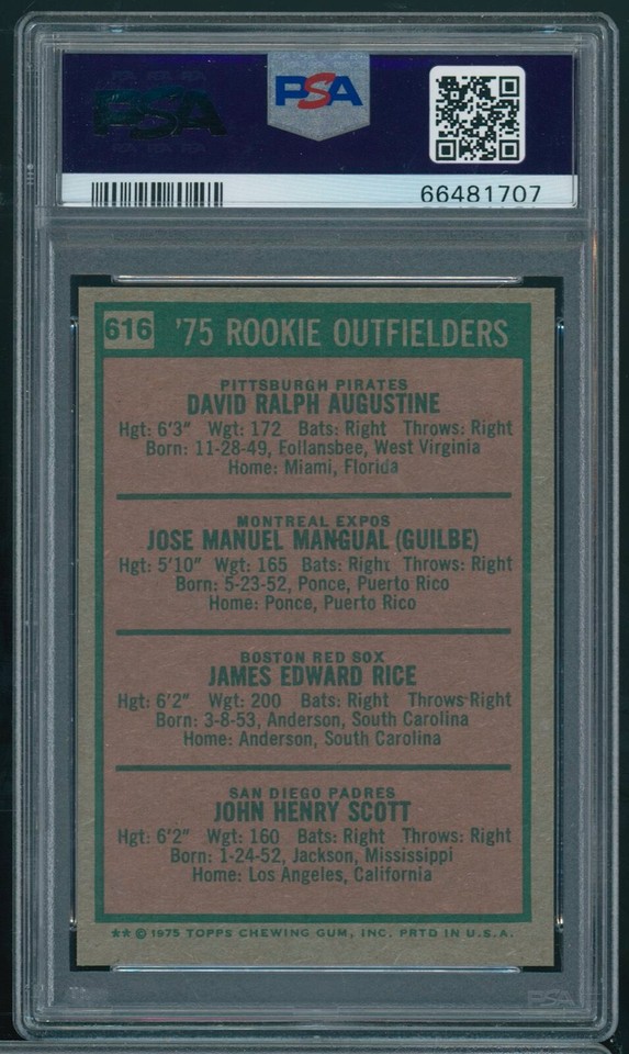 1975 Topps Baseball Jim Rice ROOKIE #616 PSA 8 BOSTON RED SOX NM-MT HOF ...