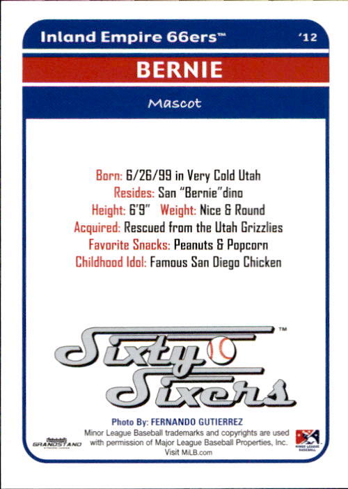 2012 Inland Empire 66ers Grandstand #27 Bernie MASCOT - NM Baseball ...