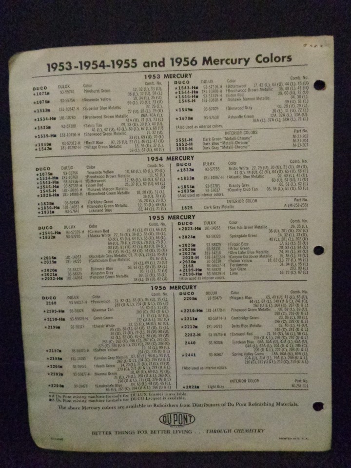 1957 MERCURY DUPONT COLOR CHART (COLOR CHIPS), ALSO LATE 1956, ISSUED ...