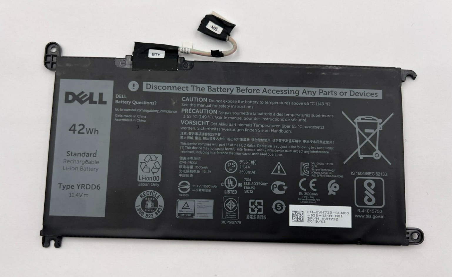 GENUINE Dell Inspiron 5485 Series Battery 42Wh Type YRDD6 DP/N VM732 ...
