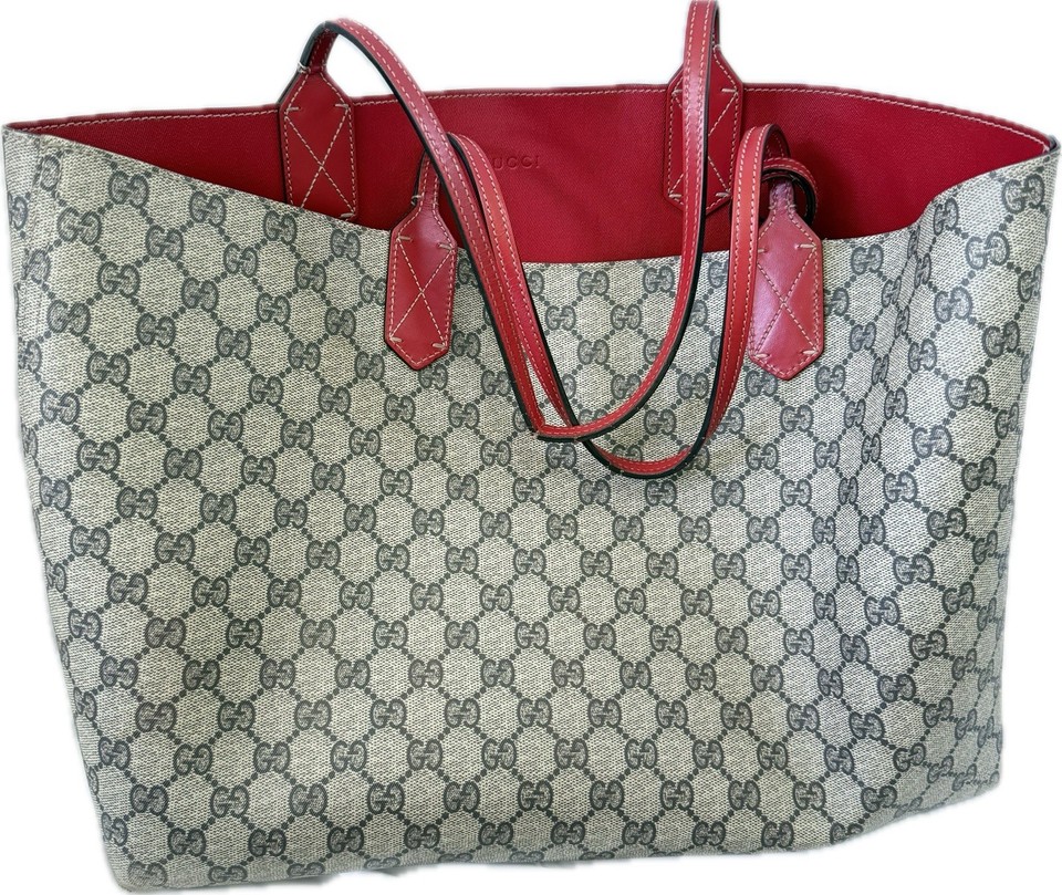 Gucci GG Supreme Reversible Tote Bag Shoulder PVC Leather Beige Red ...