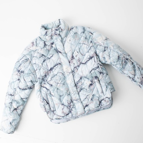 FLX Women's Medium Quilted Puffer Jacket Blue Gray Marble Pockets Snap ...
