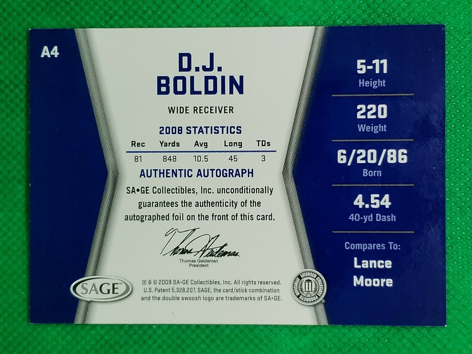 DJ Boldin 2009 Sage Card A4 Rookie Autograph SN 178/250 - Demon Deacons ...