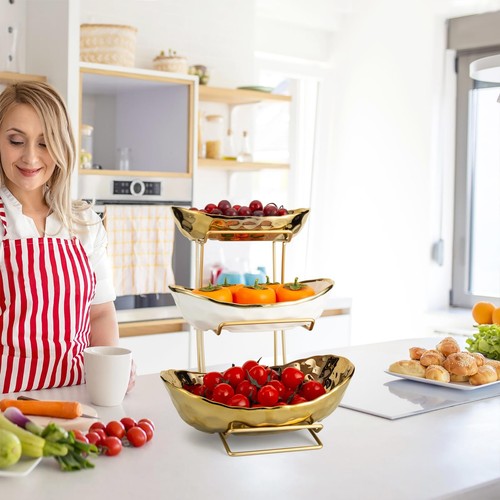 3 Tier Ceramic Fruit Bowl for Kitchen Counter with Metal Rack, Fruit ...