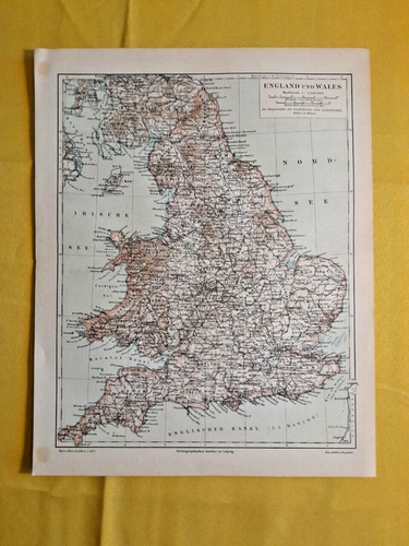 1895 GREAT BRITAIN Vintage Map Isles North Sea London Original COLOR ...