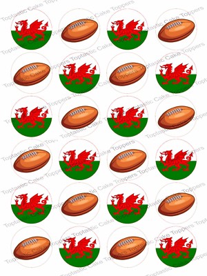 24 Wales Flag Rugby Ball Edible Icing Cupcake Fairy Cake Party Bun ...
