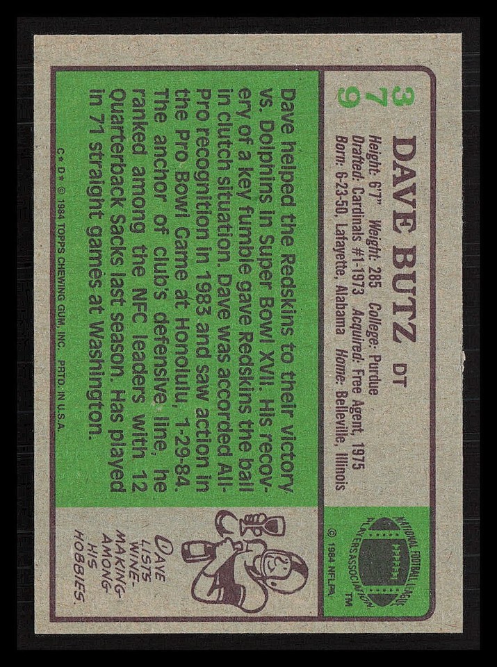 Dave Butz 1984 Topps #379 Washington Redskins | eBay