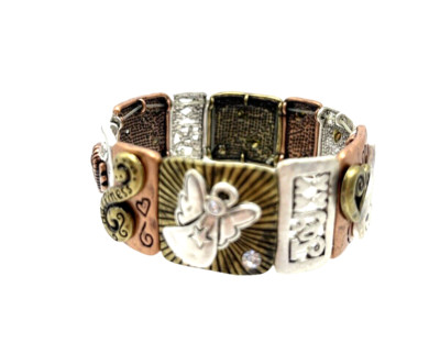 Women's Tri Tone Metal Link Stretch Bracelet Joy Love Angels | eBay