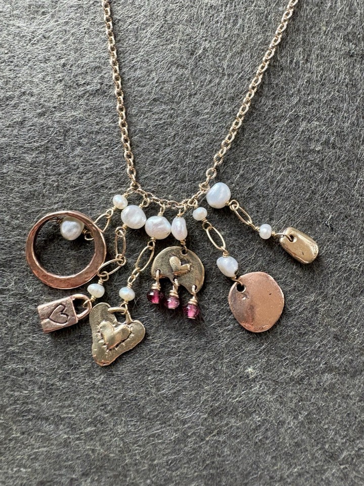 Jes Maharry Gold Necklace, White Pearls And Rose Gold Charms with pink ...
