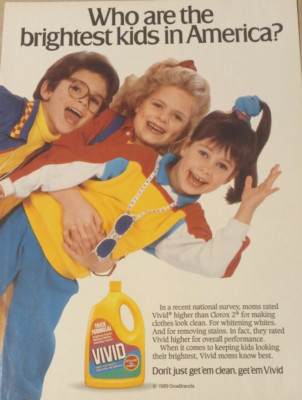 1989 print ad -Vivid bleach vs Clorox 2 laundry little boy girls Dow ...