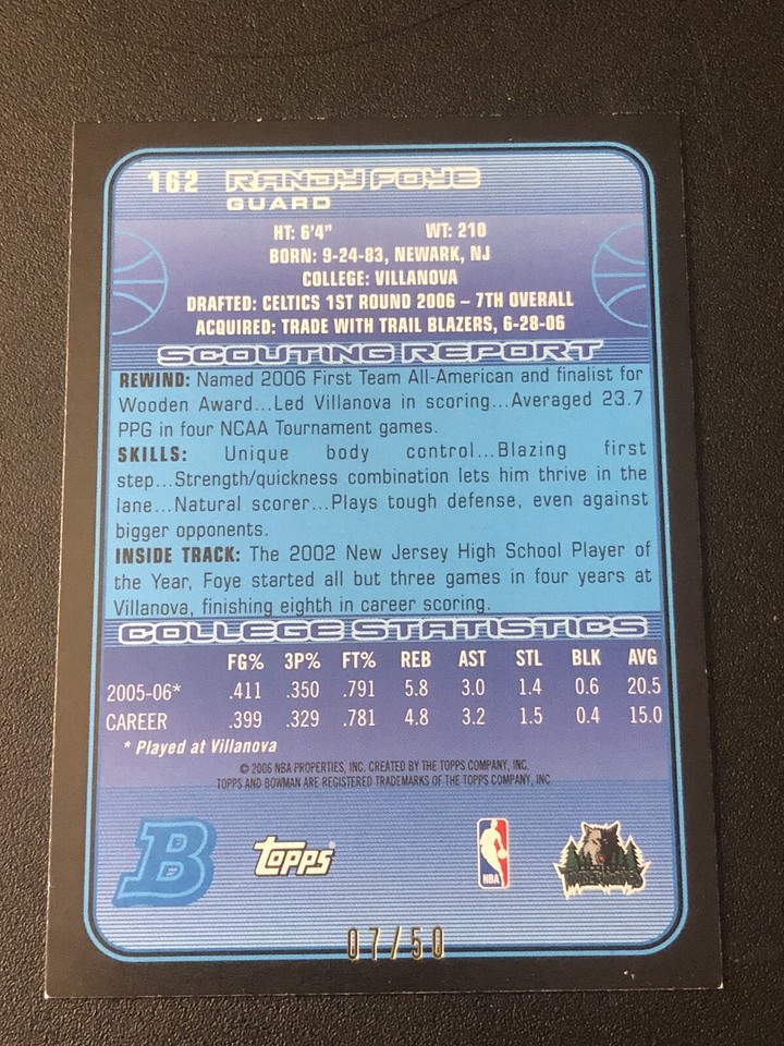 2006-07 Bowman Draft Picks & Stars Gold /50 Randy Foye #162 Rookie RC ...
