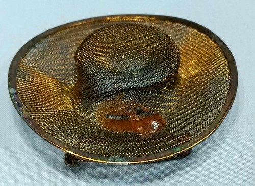Vintage Wire Mesh Hat Pin Brooch Gold Tone - Gem