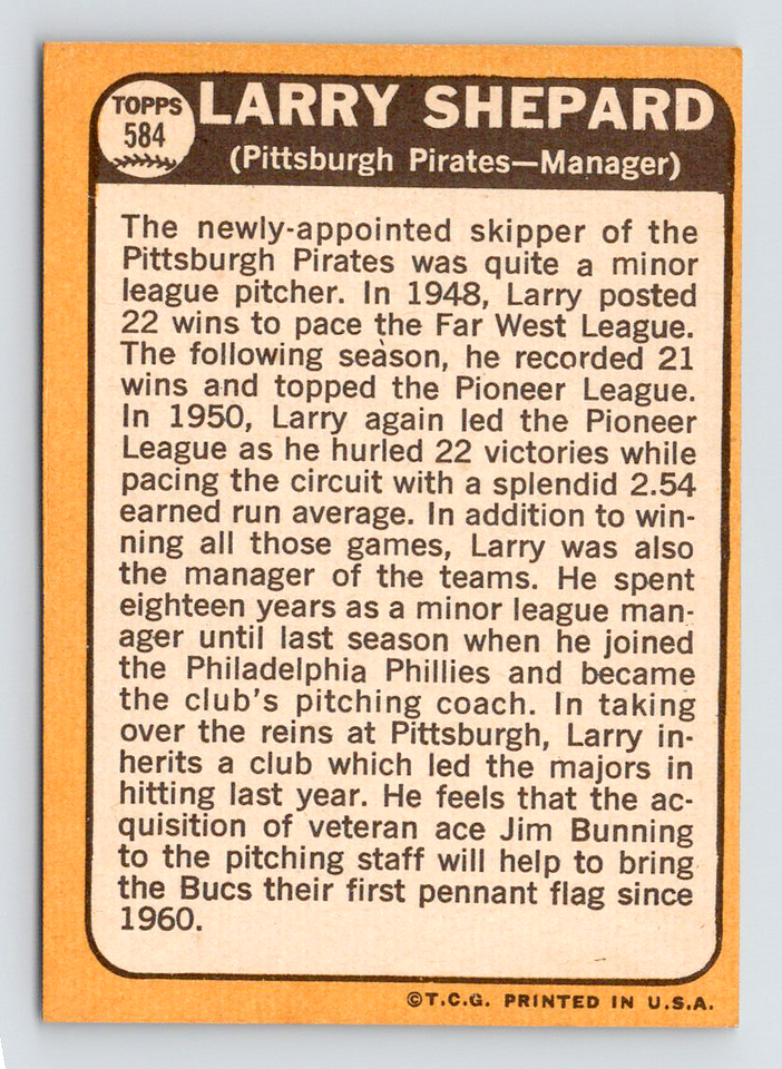 1968 Topps Card, #584 Larry Shepard, Pittsburgh Pirates | eBay