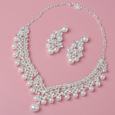 Faux Rhinestone Pearl Necklace Earrings Jewelry Set Bridal | eBay