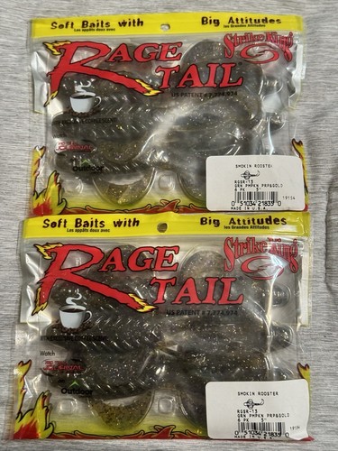 Lot of 2) Strike King Rage Tail Smokin Rooster 5” Green Pumpkin/Purple ...