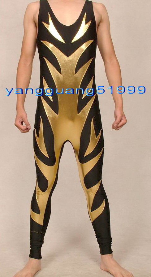 Unisex Wrestling Bodysuit Costume Black/Gold Spandex Men Wrestling ...