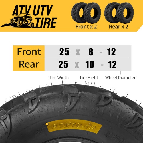 Full Set ATV Tires 25x8-12 25x8x12 Front & 25x10-12 25x10x12 Rear 6PR ...