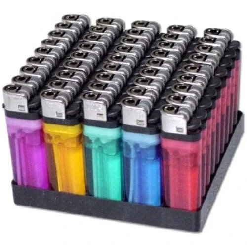 50 Cigarette Disposable Lighters Pack with Display Stand Various Colors ...