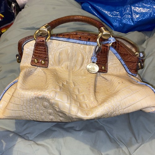 Brahmin Lisa Melbourne Glossy Satchel Bag Tri-Color Whisper White/Pool ...