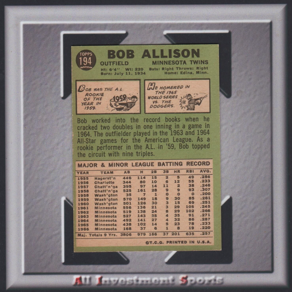 1967 Topps BOB ALLISON #194 card NM-MT **Minnesota Twins** TD89 | eBay