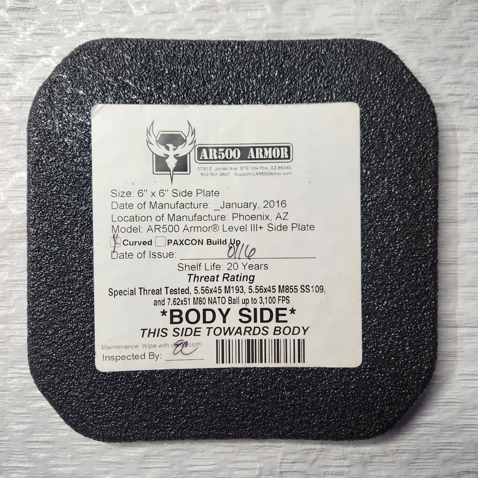 Original AR500 ARMOR Curved 6" x 6" Side Plate Level 3+ w/ Trauma Pad ...