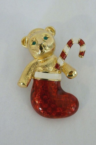 Crystal Rhinestones Stocking w/ Teddy Bear Christmas Pin Brooch Candy ...