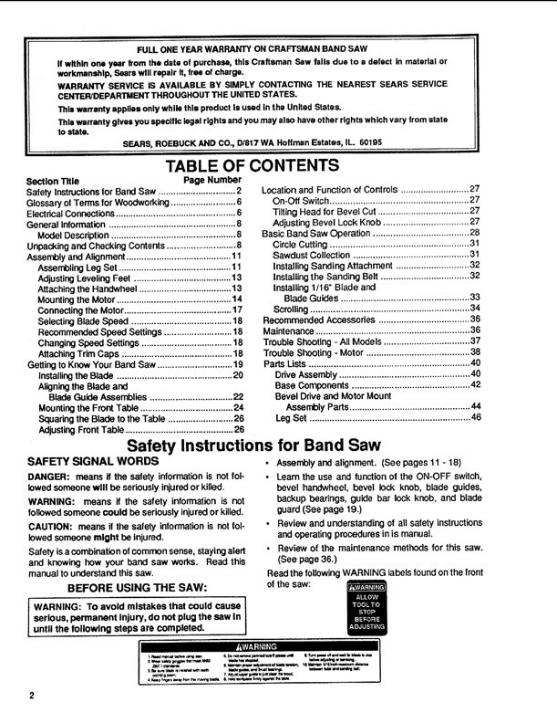 Owners Manual Parts List Sears Craftsman Band Saw Models 113.248211 ...