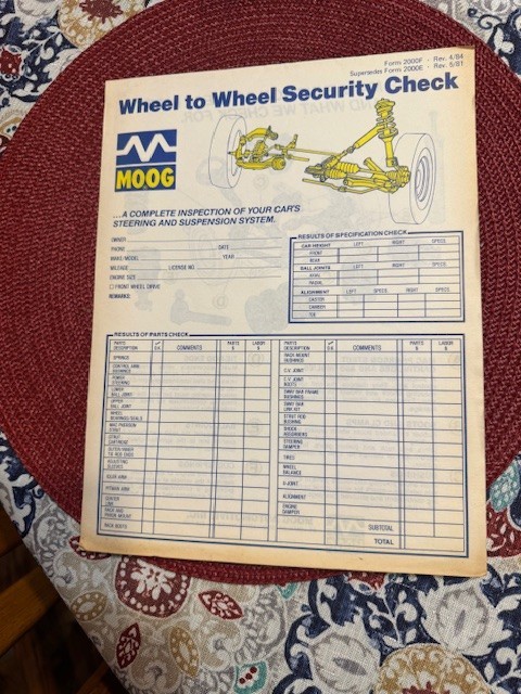 Vintage 80s Moog Auto Parts Suspension Wheel Alignment Checklist ...
